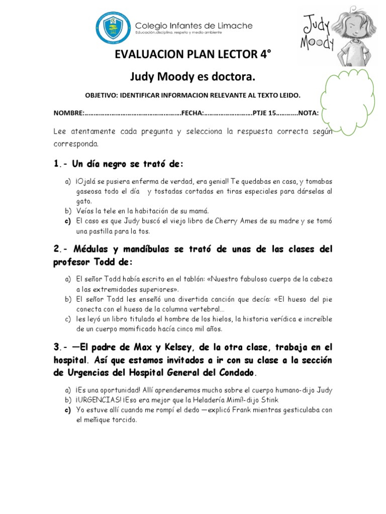 Prueba de lectura: Judy Moody doctora | PDF | Naturaleza | Salud y ...