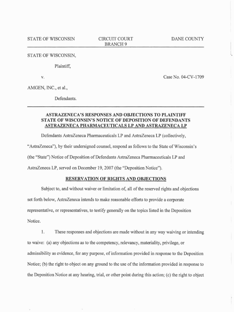 Responses and Objections To Notice of Deposition | PDF | Deposition ...