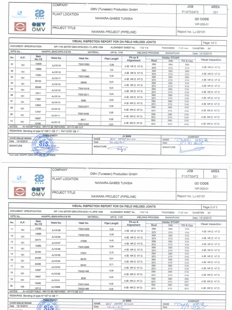 Pipeline welding visual inspection report