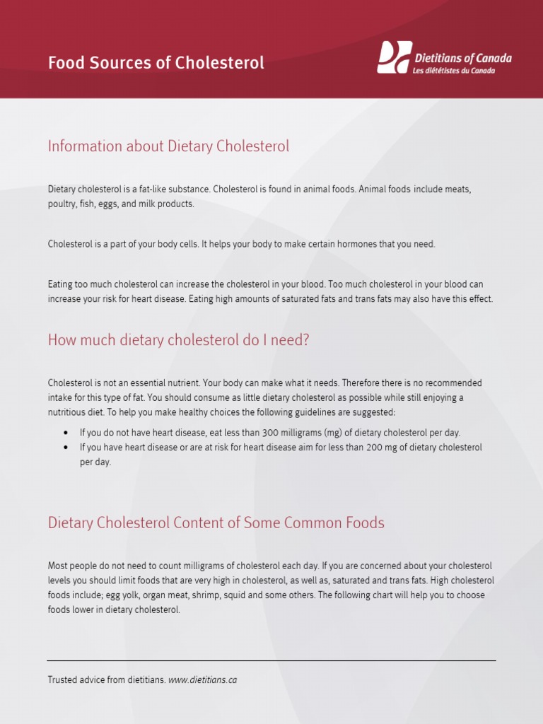 FACTSHEET Food Sources of Cholesterol PDF | PDF | Cholesterol | Diet ...