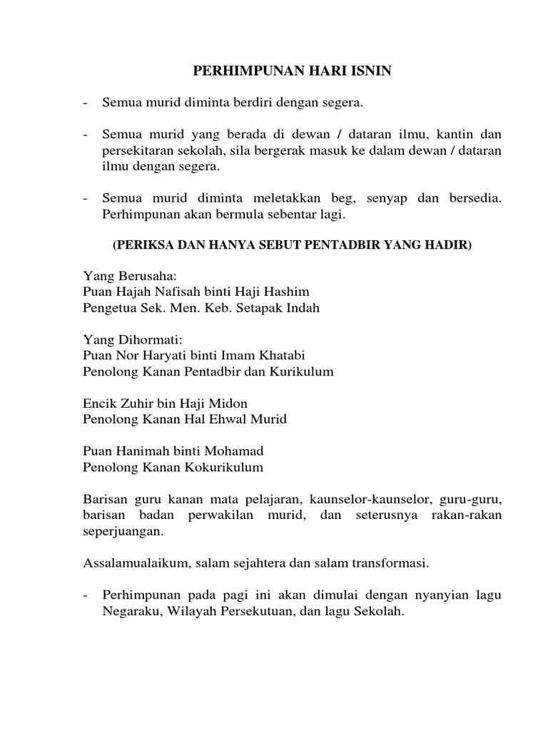 Skrip Emcee - (Perhimpunan Isnin - Jumaat) | PDF