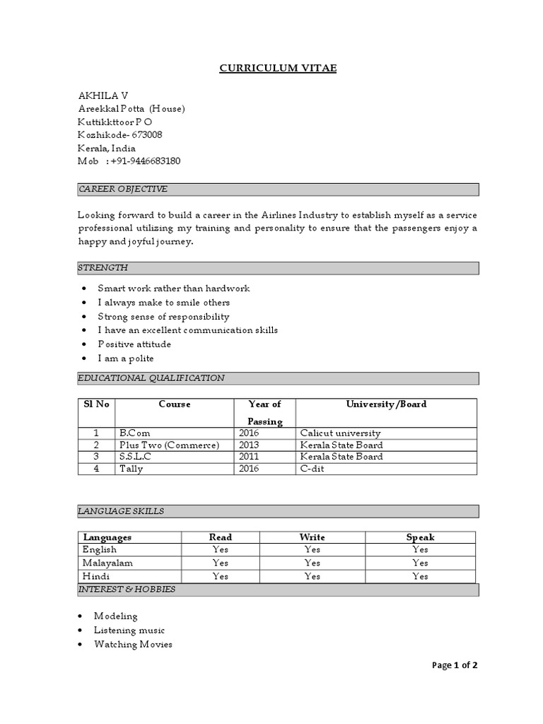Curriculum Vitae: Career Objective | PDF