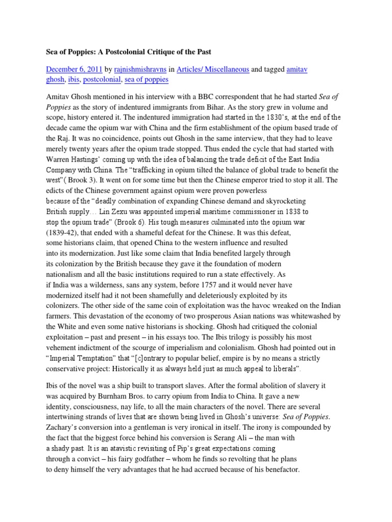 Sea of Poppies Postcolonial Critique | PDF | Opium | Postcolonialism