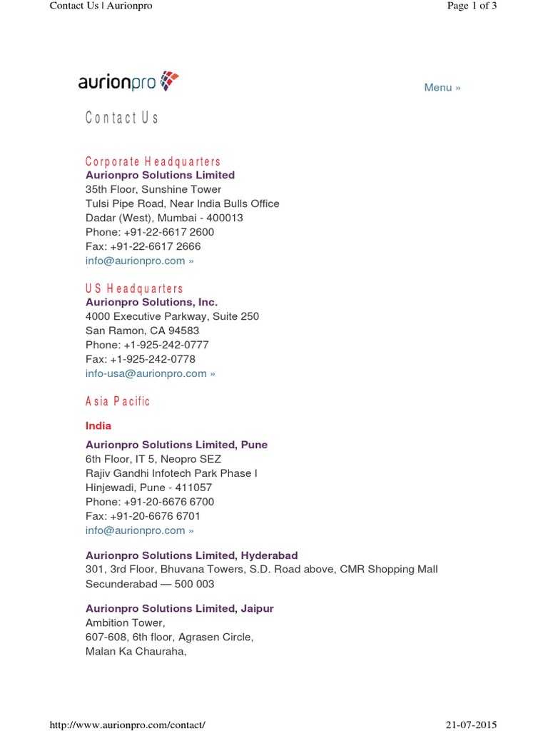 Contact Us: Corporate Headquarters | PDF | Business