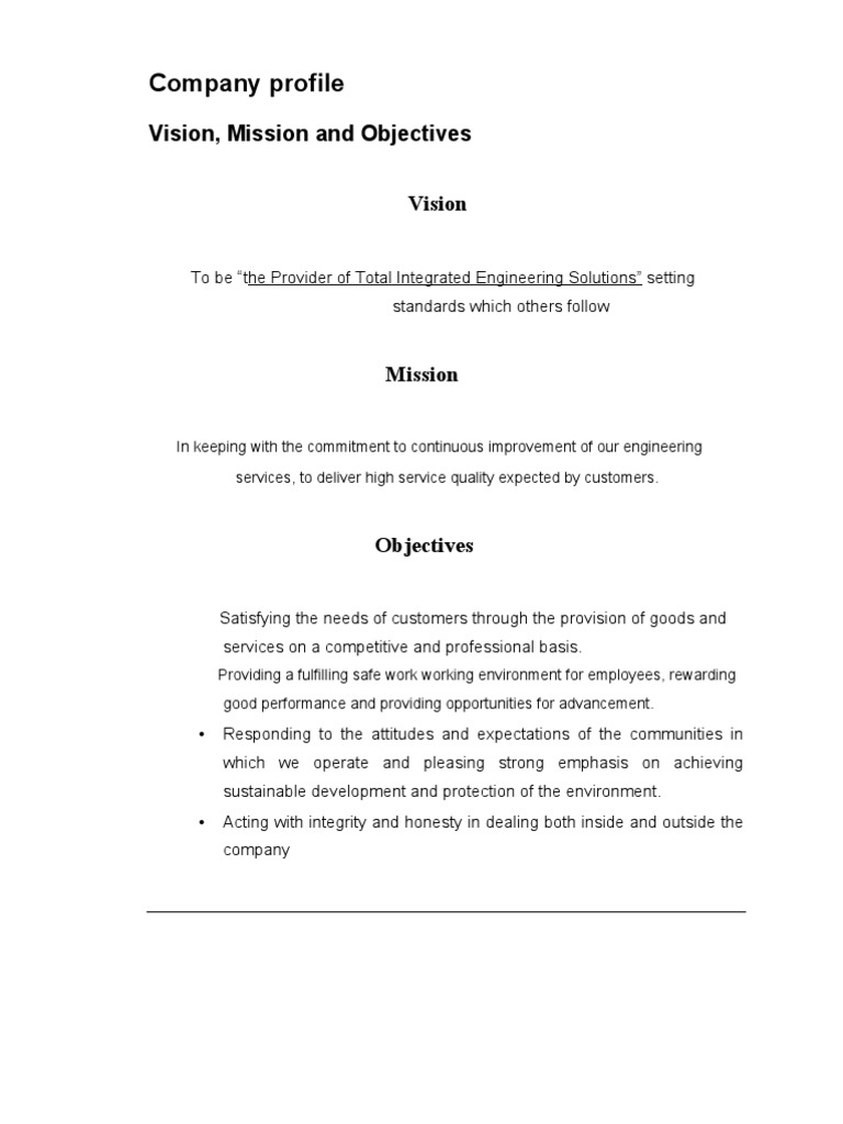Company Profile: Vision, Mission and Objectives Vision | PDF ...