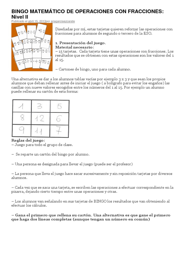 Bingo Matemático: Operaciones con Fracciones | PDF | Juego de azar ...