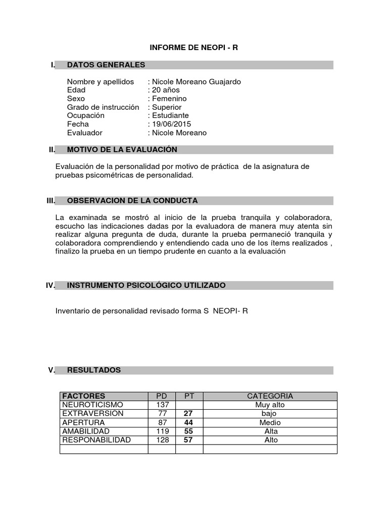 Informe Neopi-R | PDF | Ansiedad | Comportamiento