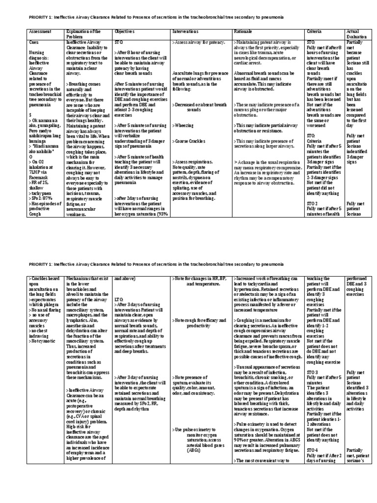 NCP Ineffective Airway Clearance For Pneumonia | PDF | Respiratory Tract | Breathing