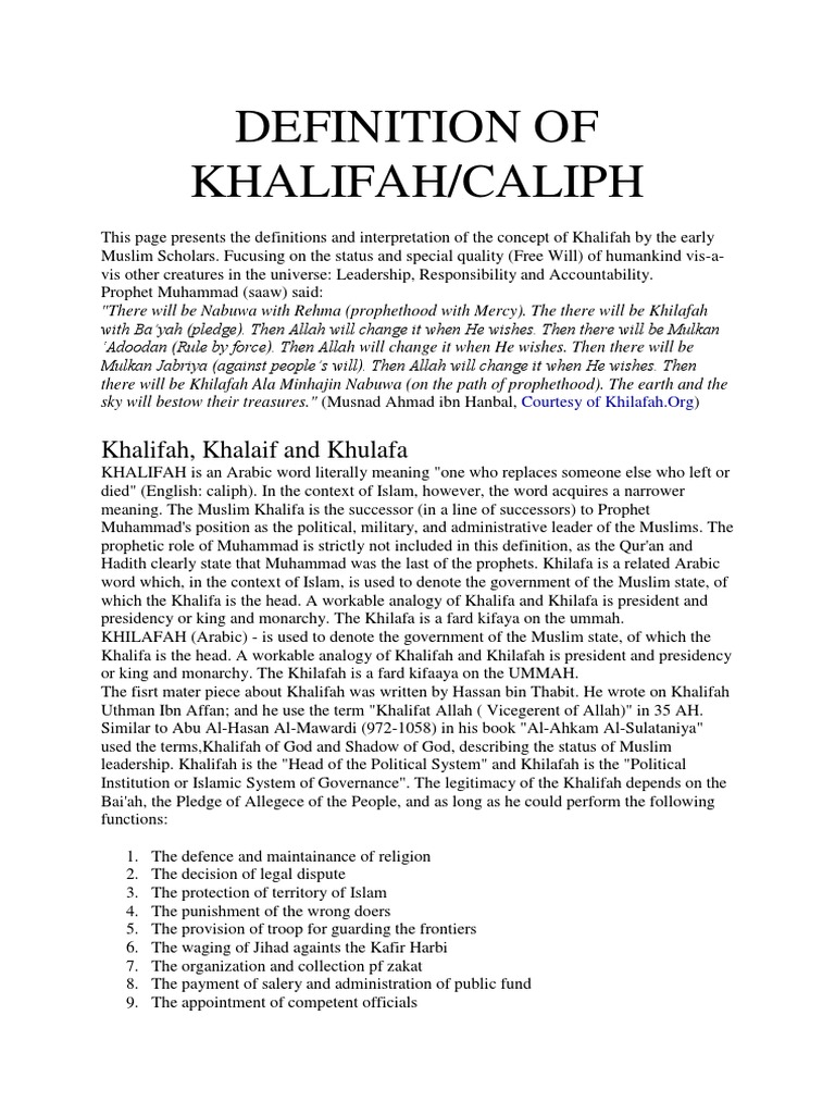 Definition of Khalifah | Caliphate | Prophets And Messengers In Islam