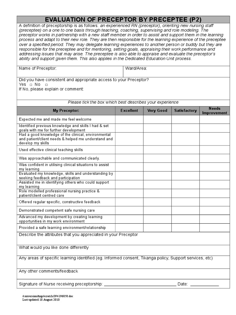 Evaluation of Preceptor by Preceptee | PDF | Nursing | Mentorship