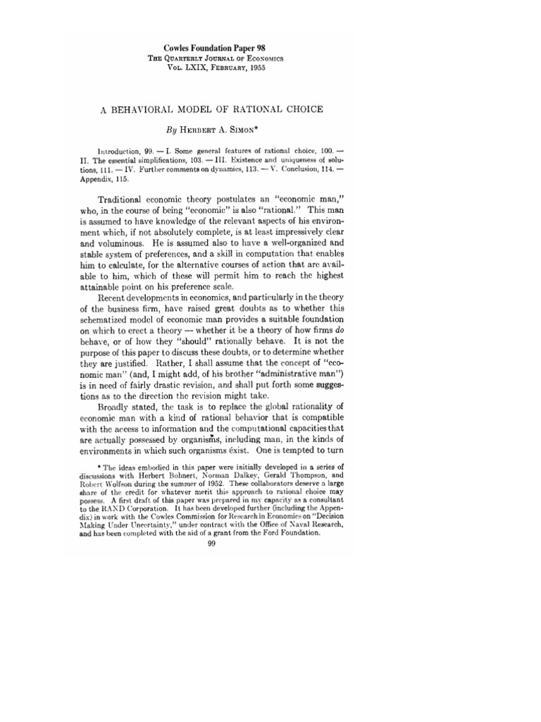 A Behavioural Model of Rational Choice - Simon Herbert PDF | PDF