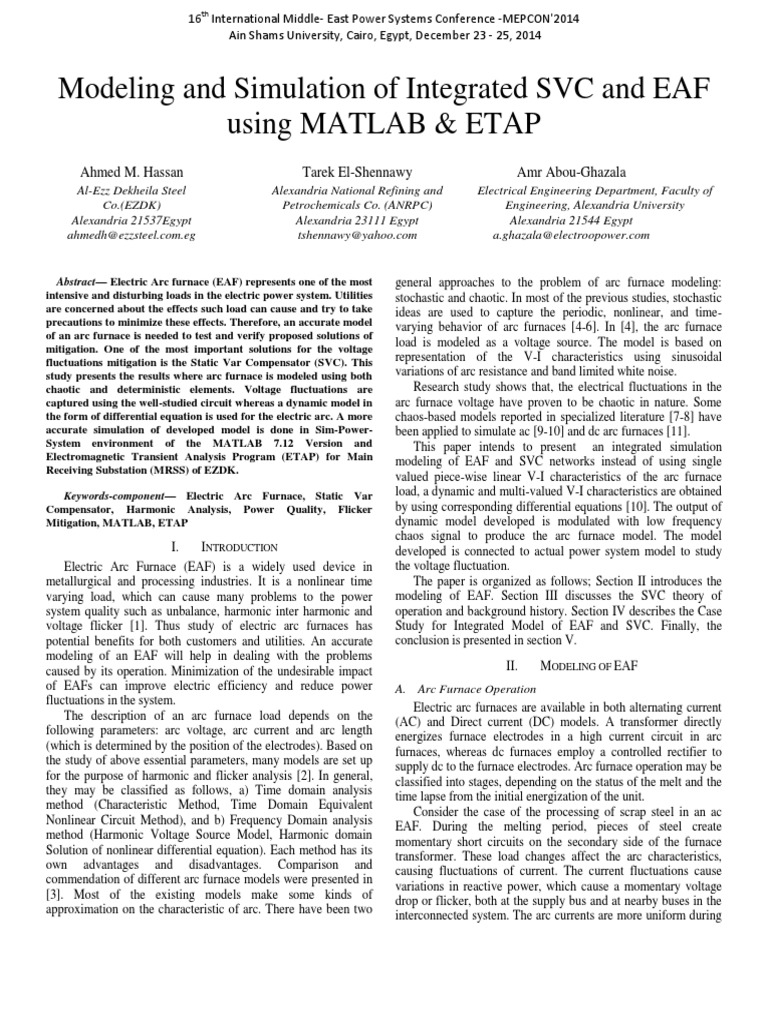 Modeling and Simulation of Integrated SVC and EAF Using MATLAB & ETAP ...