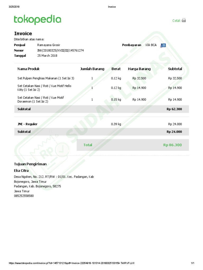 Invoice Pembelian Tokopedia 2018 | PDF
