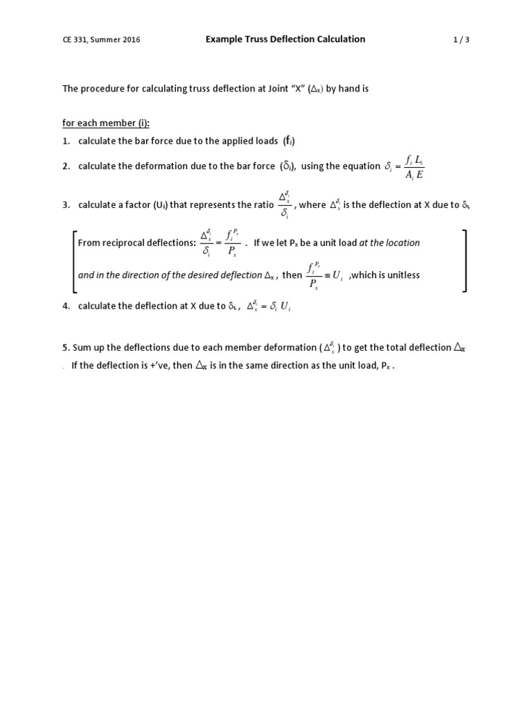 Example Truss Deflection Calculation: CE 331, Summer 2016 1 / 3 | PDF ...