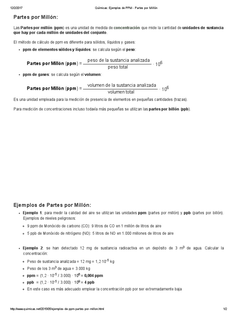 Químicas - Ejemplos de PPM - Partes Por Millón | PDF | Partes por ...