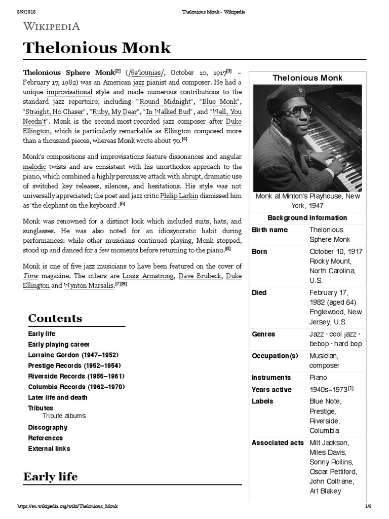 Thelonious Monk | PDF | American Jazz Musicians | Jazz Musicians