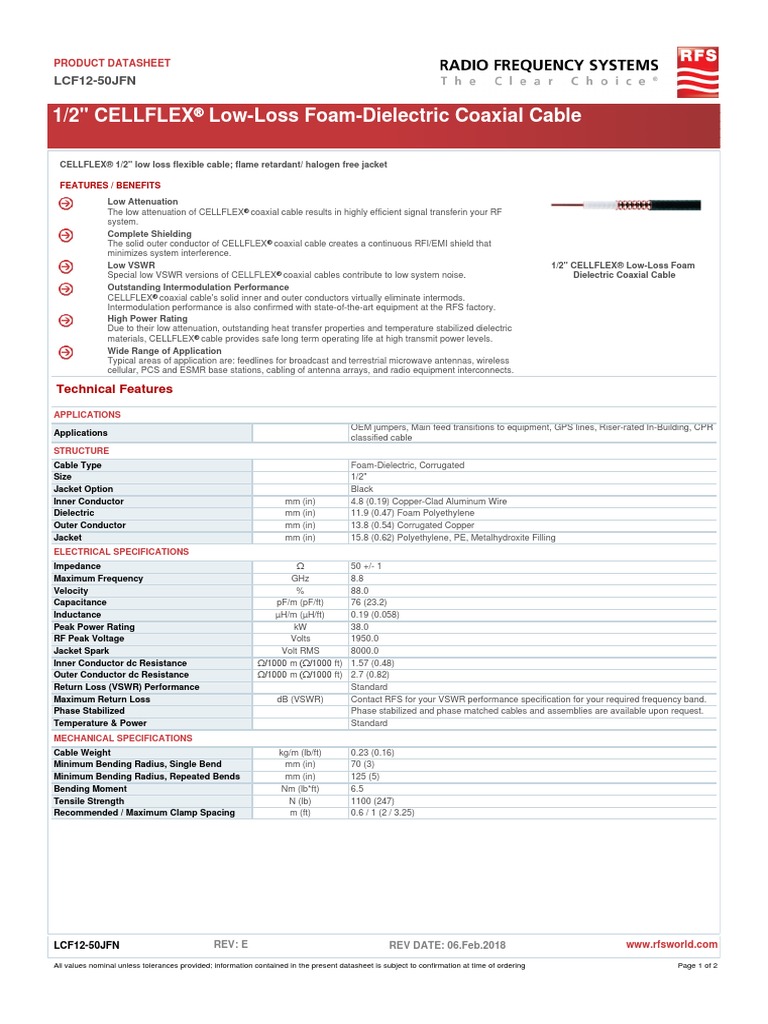 1/2" Cellflex Low-Loss Foam-Dielectric Coaxial Cable: LCF12-50JFN | PDF ...