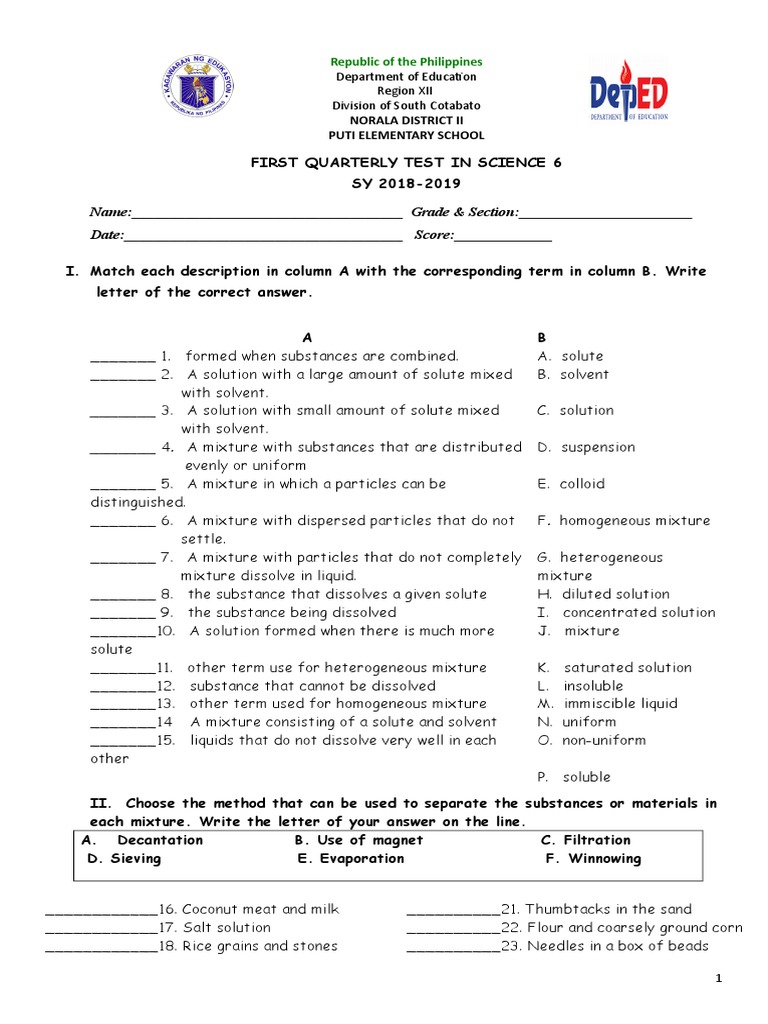 Science - 1st Quarter | PDF | Solution | Solubility