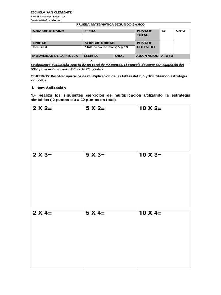 Prueba Multiplicacion 2, 5 y 10 | PDF