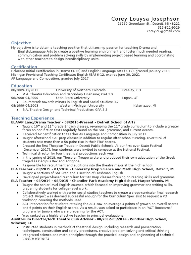 Corey Josephon Resume | PDF | Act (Test) | Schools