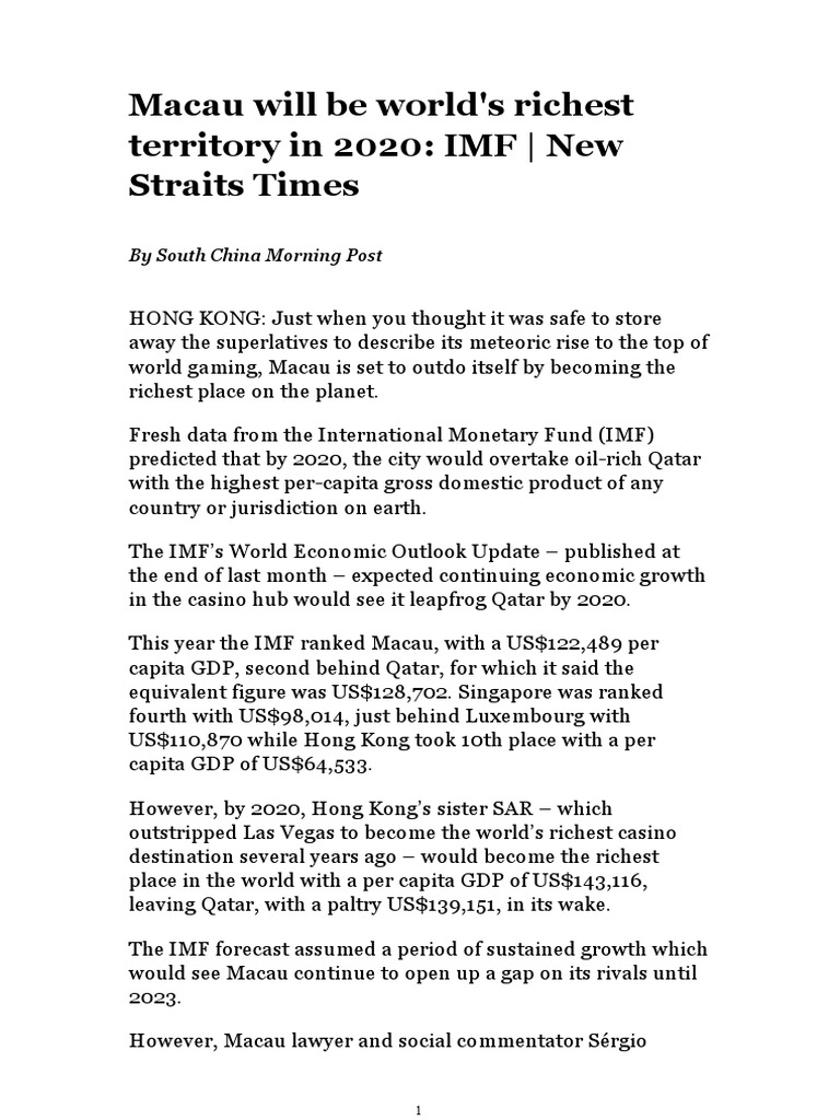 Macau Will Be World's Richest Territory in 2020 - IMF - New Straits ...