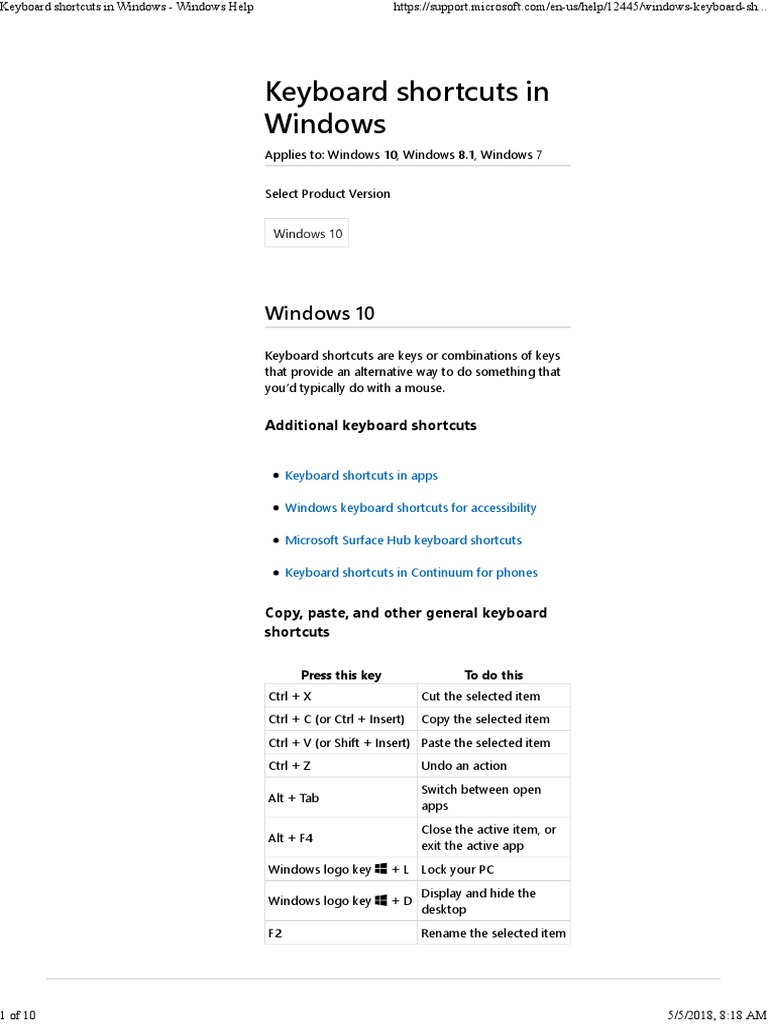 Keyboard Shortcuts in Windows 10 | PDF | Computer Keyboard | Keyboard ...