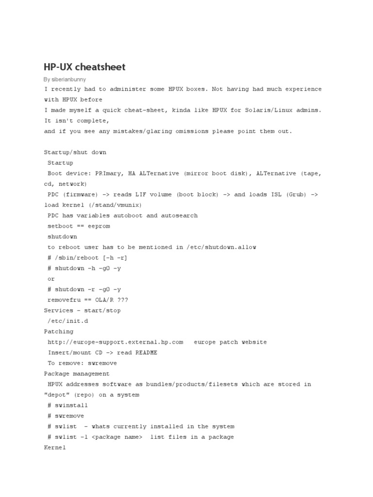 HP-UX Cheatsheet: by Siberianbunny | PDF | Booting | Software Engineering