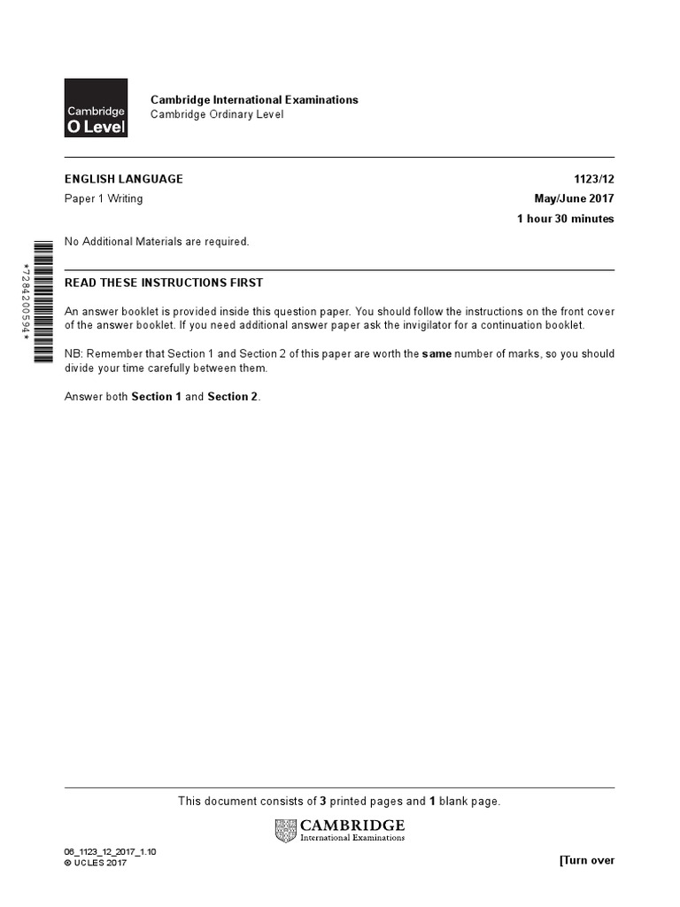 Olevel English 1123 June 2017 Writing Paper B | PDF | Copyright ...