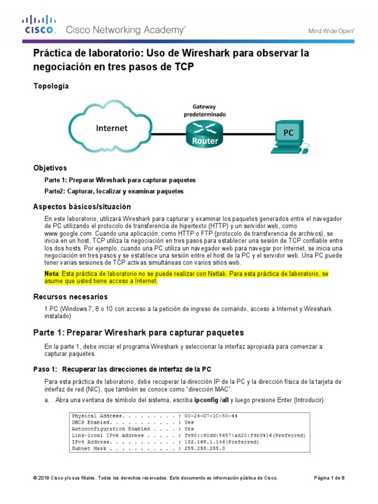 9.2.1.6 Lab - Using Wireshark To Observe The TCP 3-Way Handshake | PDF ...