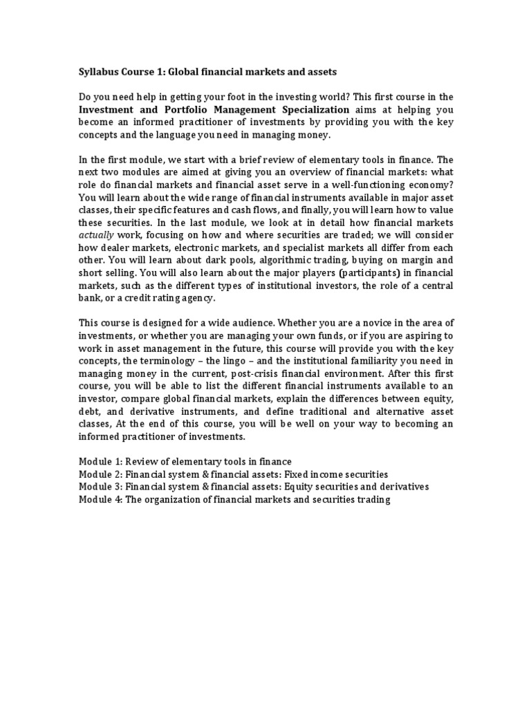 Global Financial Markets Course Syllabus | PDF | Derivative (Finance ...