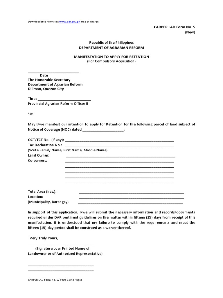 CARPER LAD Form No. 5 LO Manifestation To Apply For Retention | PDF ... CARPER LAD Form No. 5 LO Manifestation To Apply For Retention | PDF ...