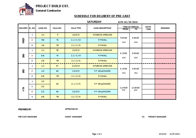 Final Schedule For Delivery of Pre-Cast 4 - 09 | PDF