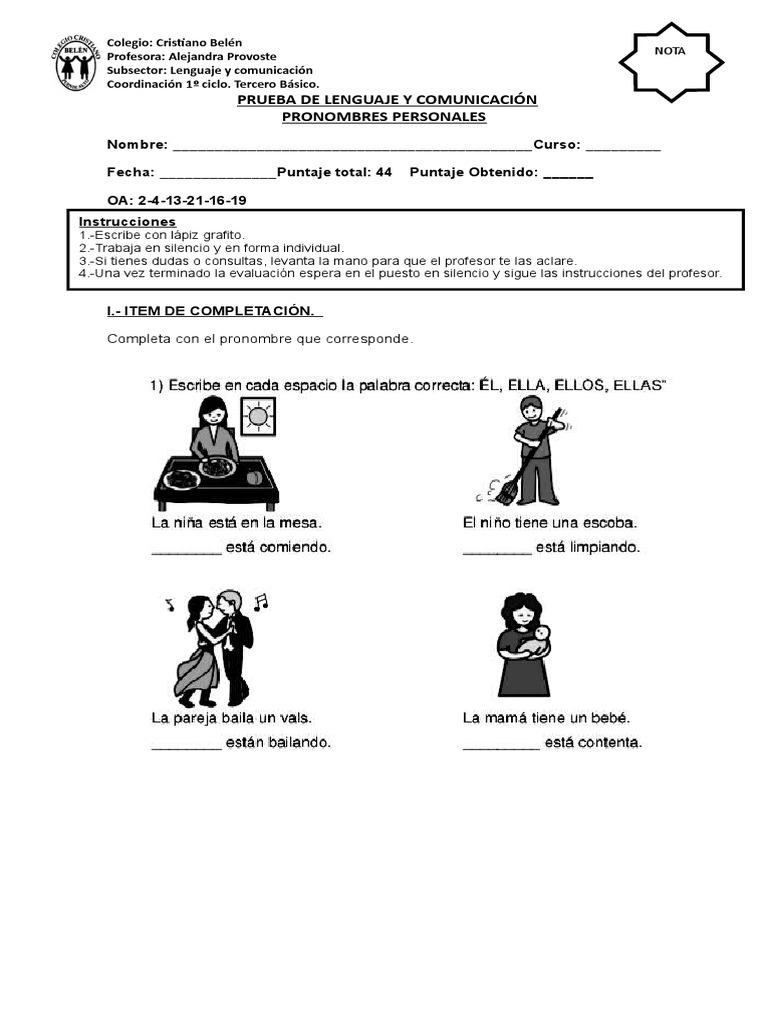 Prueba de Pronombres para 3º Básico | PDF | Oración | Religión y creencia