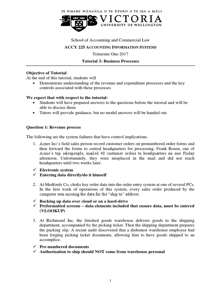 ACCY225 Tri 1 2017 Tutorial 3 Business Processes-2 | PDF | Inventory | Invoice