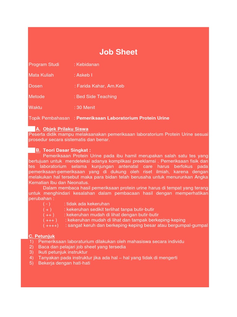 Job Sheet Pemeriksaan Protein Urine | PDF