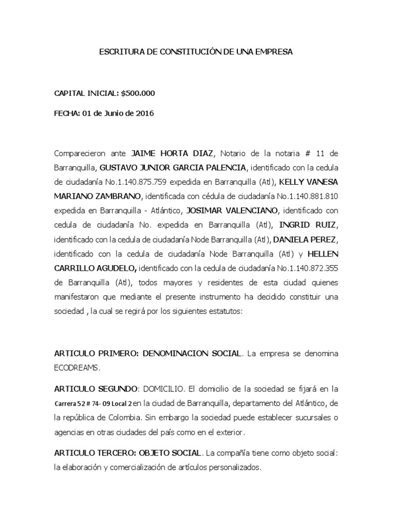 ESCRITURA DE CONSTITUCIÓN DE UNA EMPRESA.docx | Sociedad de responsabilidad limitada | Gobierno