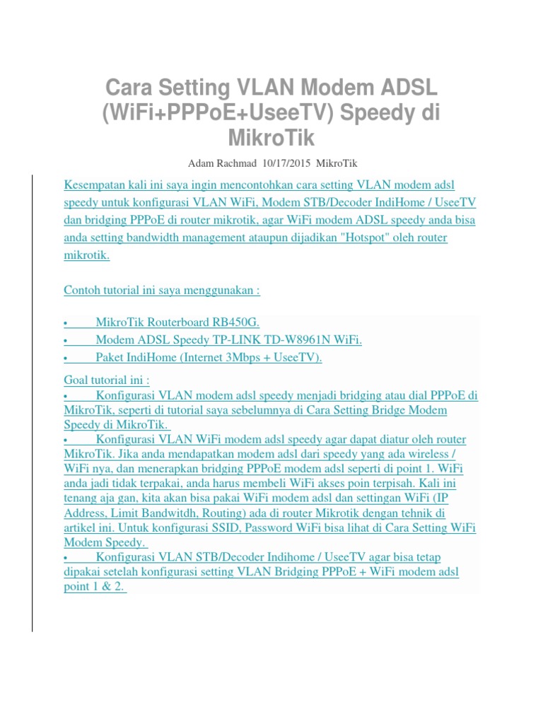 Cara Setting VLAN Modem ADSL WiFi, PPPoE, UseeTV Speedy di MikroTik (39 | PDF