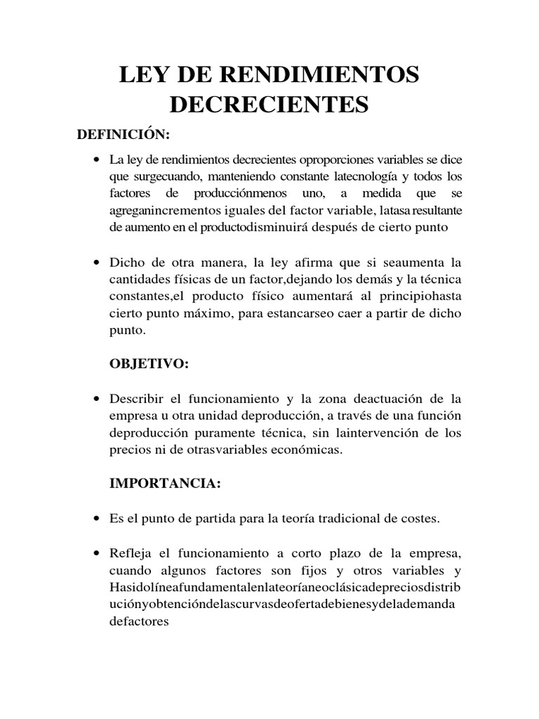 Ley De Rendimientos Decrecientes Pdf Factores De Producción Precios