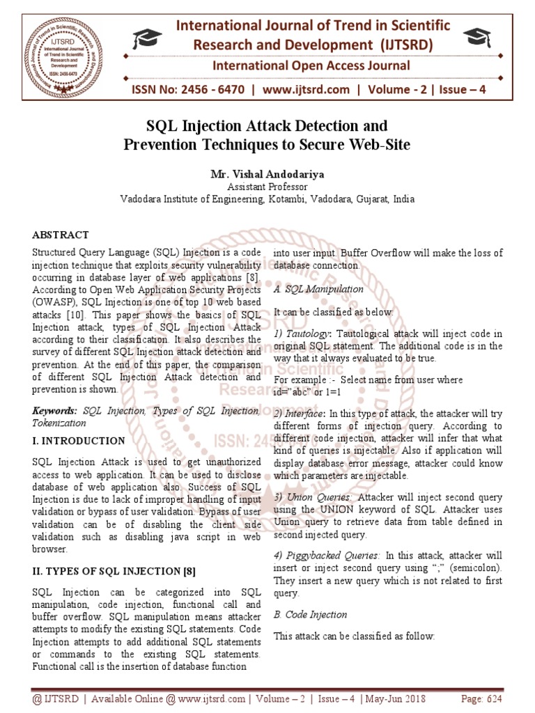 SQL Injection Attack Detection and Prevention Techniques To Secure Web ...