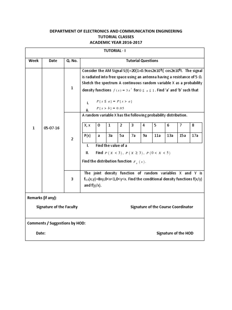 PTSP Tutorial Problems | PDF | Probability Density Function | Random Variable