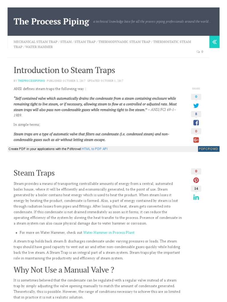 The Process Piping Introduction To Steam Traps Pdf Steam Pressure