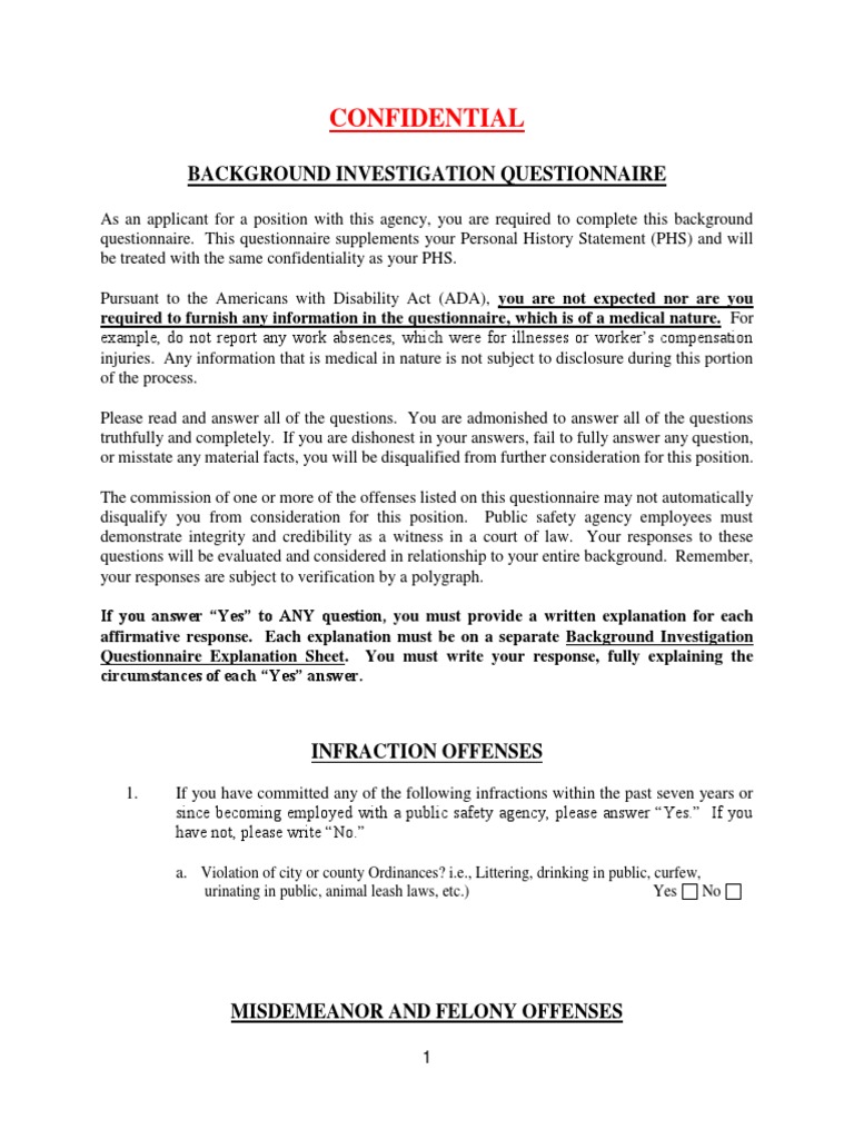 Confidential: Background Investigation Questionnaire | PDF | Driving ...
