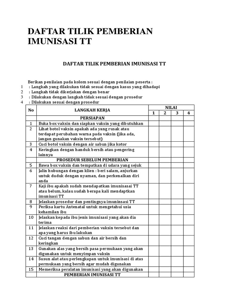 Daftar Tilik Pemberian Imunisasi TT | PDF