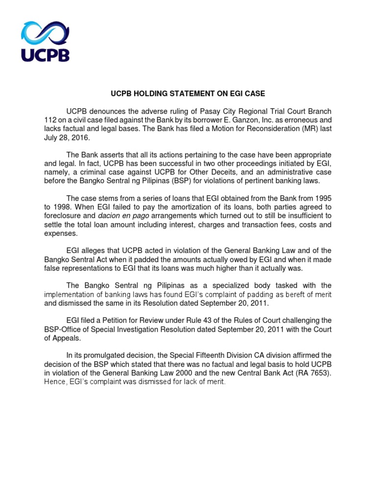 Ucpb Holding Statement On Egi Case | PDF