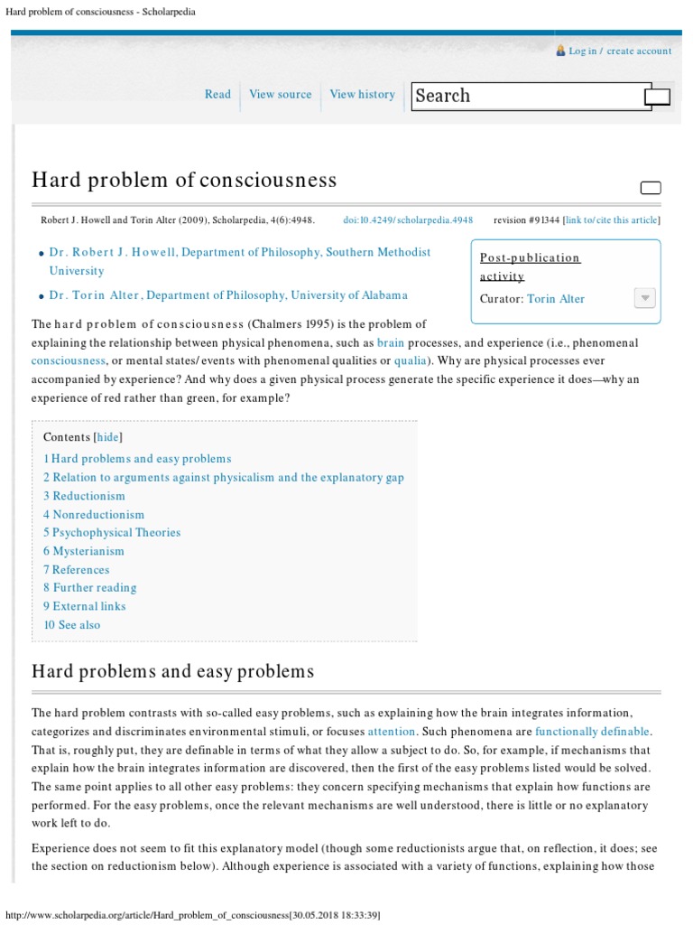 Hard Problem of Consciousness - Scholarpedia | PDF | Consciousness ...