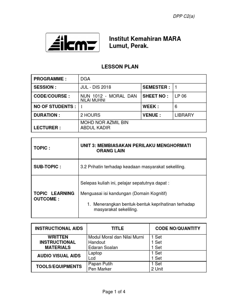 Institut Kemahiran MARA Lumut, Perak.: Lesson Plan | PDF