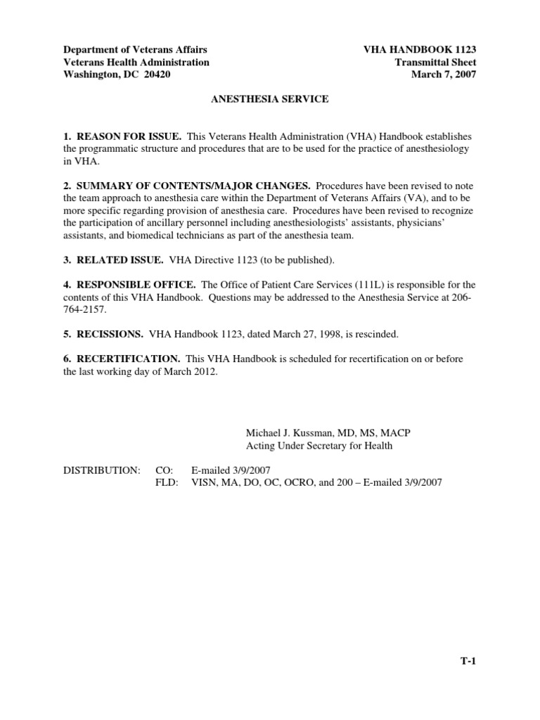 VHA Handbook 1123 7-07 | Anesthesia | Veterans Health Administration