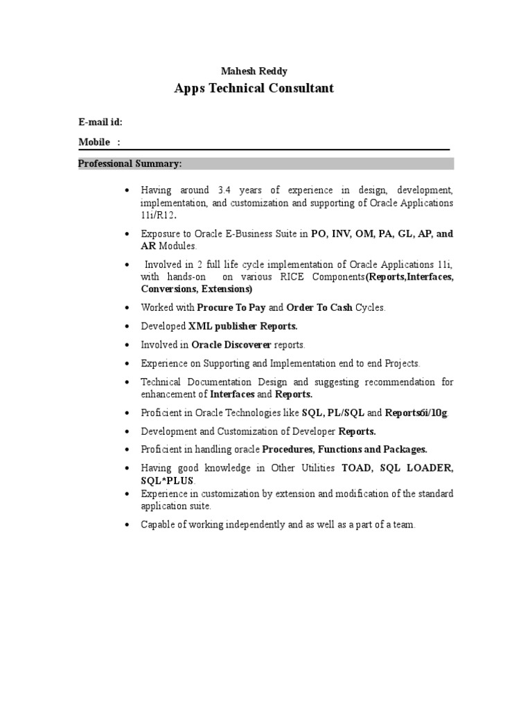 Oracle Apps Technical Consultant Resume | PDF | Oracle Database | Sql