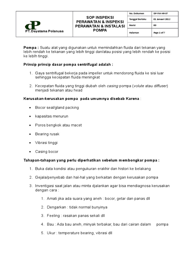 SOP Inspeksi Perawatan Dan Instalasi Pompa | PDF