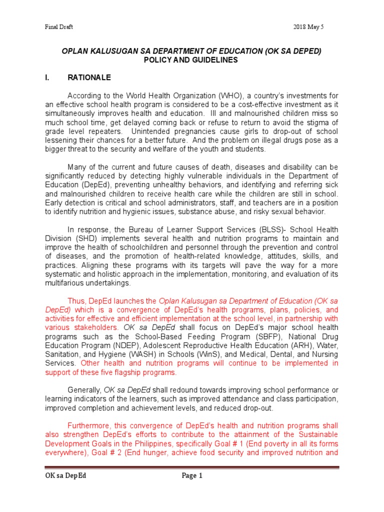 OK Sa DepEd-draft 6 - May 5 | PDF | Health Education | Hygiene